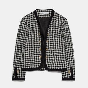 Zara | Jackets & Coats | Zara Houndstooth Tweed Jacket Blazer Wgold ...